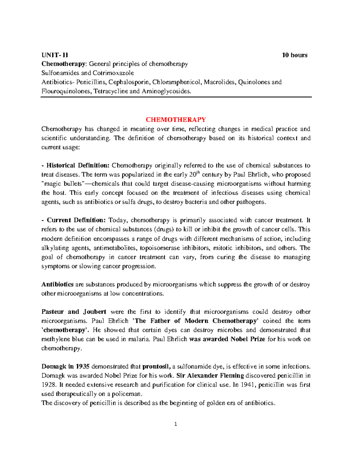 Pharmacology III - Comprehensive Unit II Study Notes on Chemotherapy ...