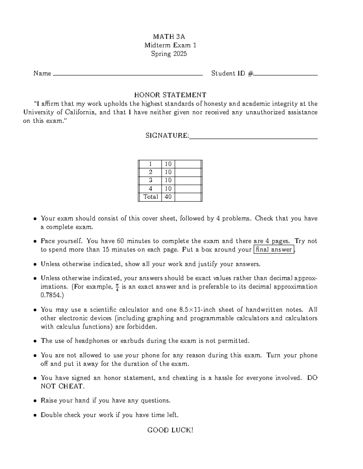 MATH 3A Midterm Exam 1 Practice - Spring 2025 - Studocu