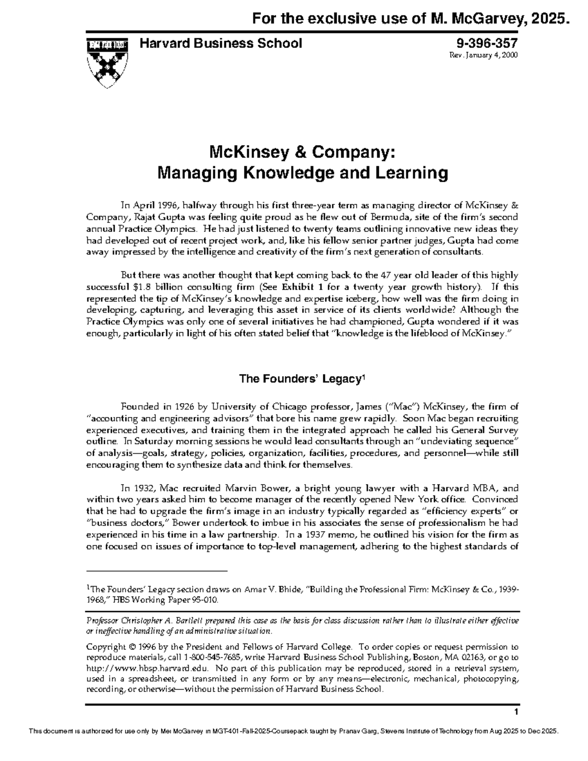 McKinsey & Company: Managing Knowledge and Learning (MGT-401 Coursepack ...