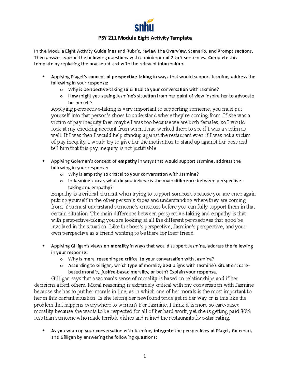 PSY-211 Module Eight Activity Reflection on Perspective-Taking ...