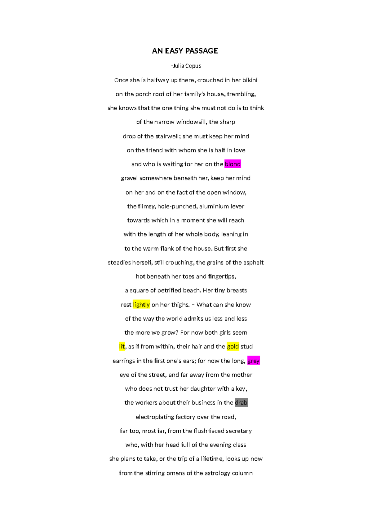 AN EASY PASSAGE - Annotations on Julia Copus' Poem - Studocu