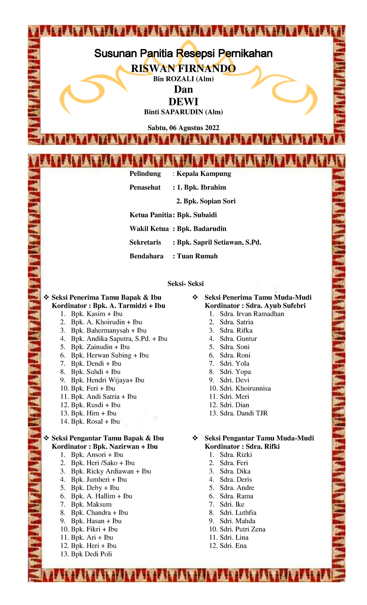Susunan Panitia Resepsi Pernikahan Riswan & Dewi - 6 Agustus 2022 - Studocu