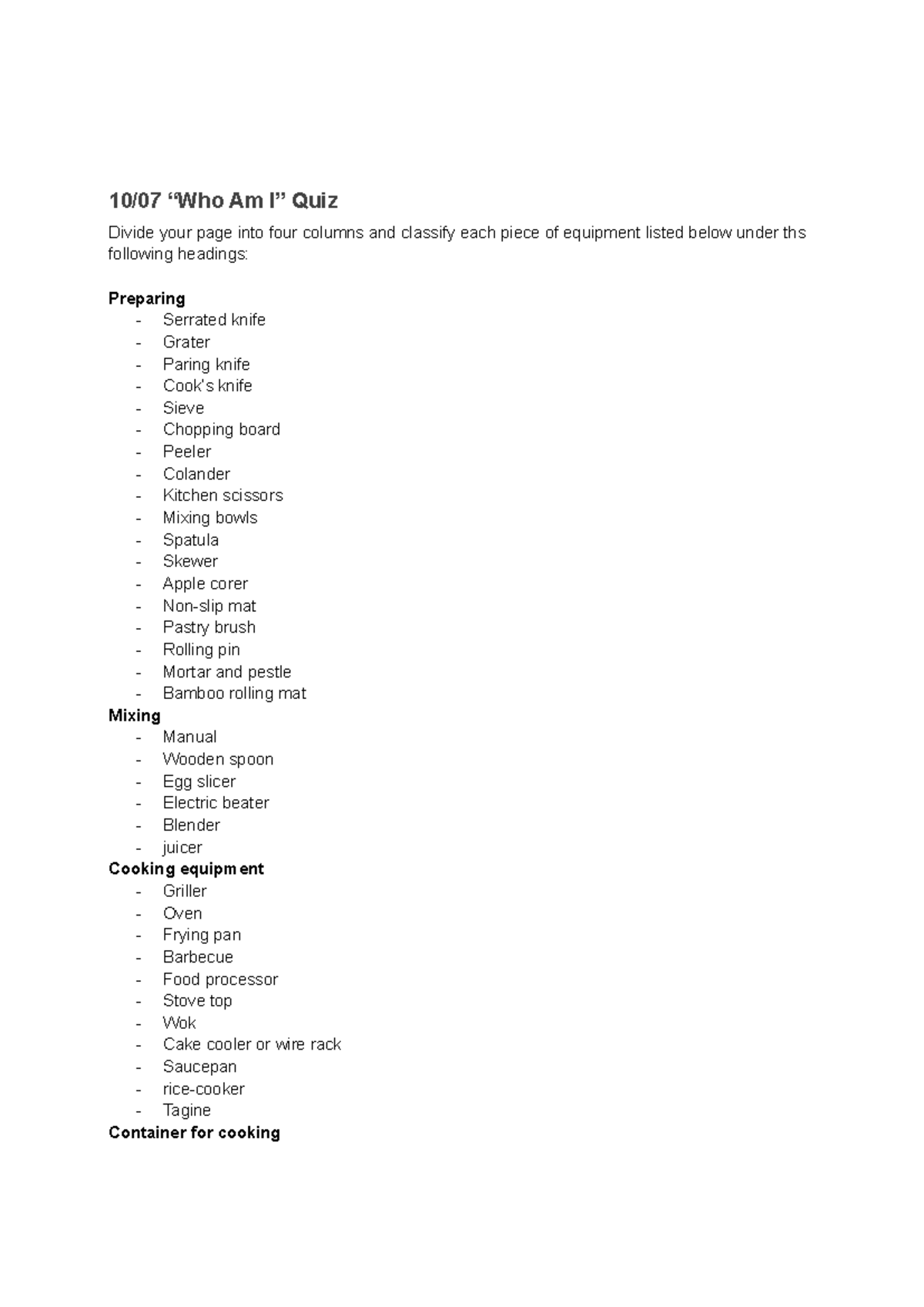 Food Tech - Google Docs - 111111 - 10 / 07 “Who Am I” Quiz Divide your ...