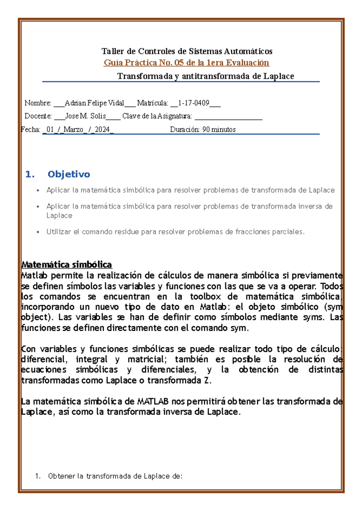 Guía de Práctica No 05 Transformada y Antitransformada de Laplace 2023 - Taller de Controles de ...