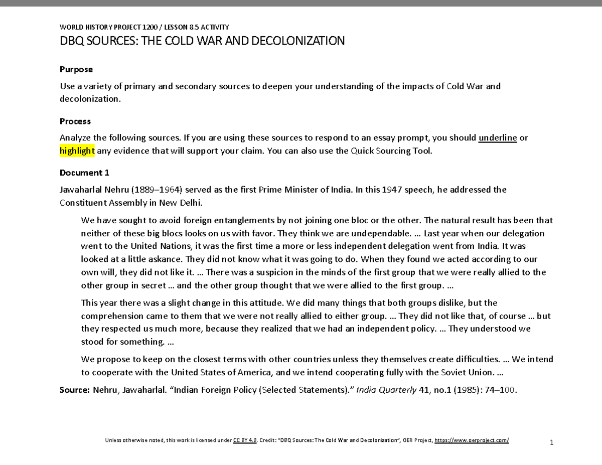 WORLD HISTORY PROJECT 1200 LESSON 8.5 DBQ: COLD WAR & DECOLONIZATION ...