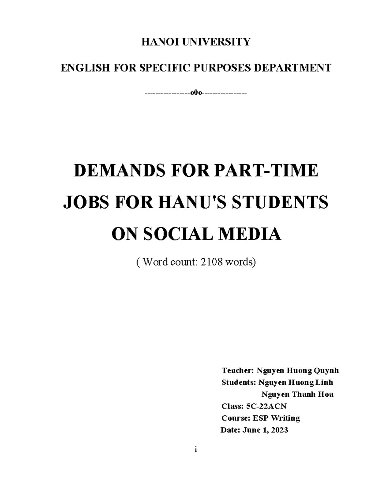 Demands for Part-Time Jobs on Social Media for HANU Students in ESP ...