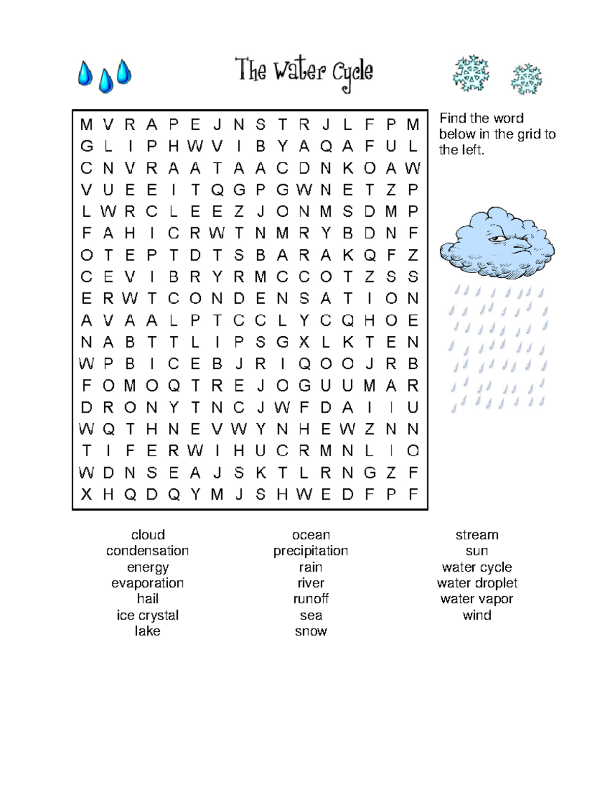 Water Cycle Word Search - Find the word below in the grid to the left ...