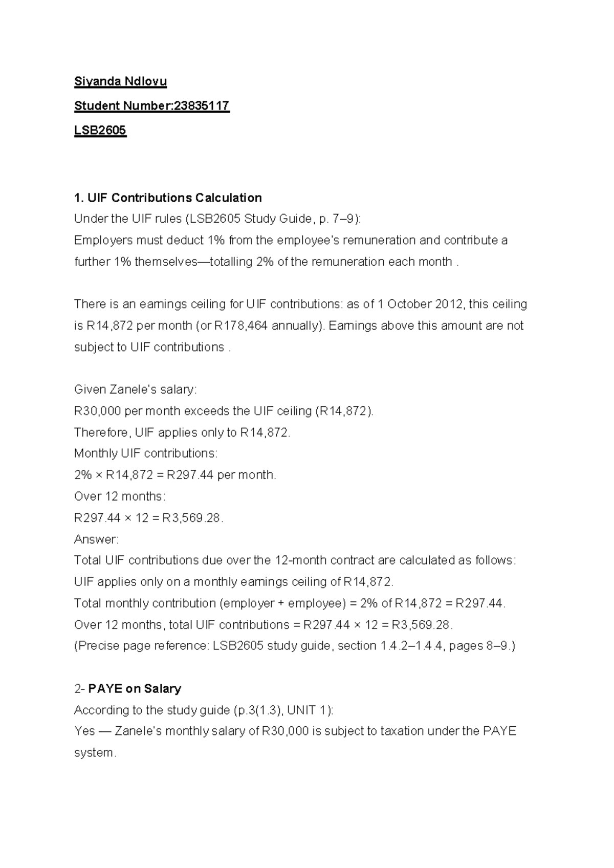 LSB2605 Study Note: UIF Contributions Calculation and PAYE Taxation ...