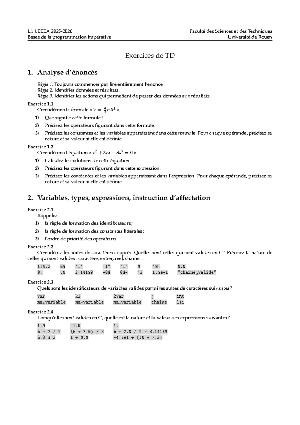 L1 Bases de la Programmation Impérative - Exercices TD 1 à 10 - Studocu