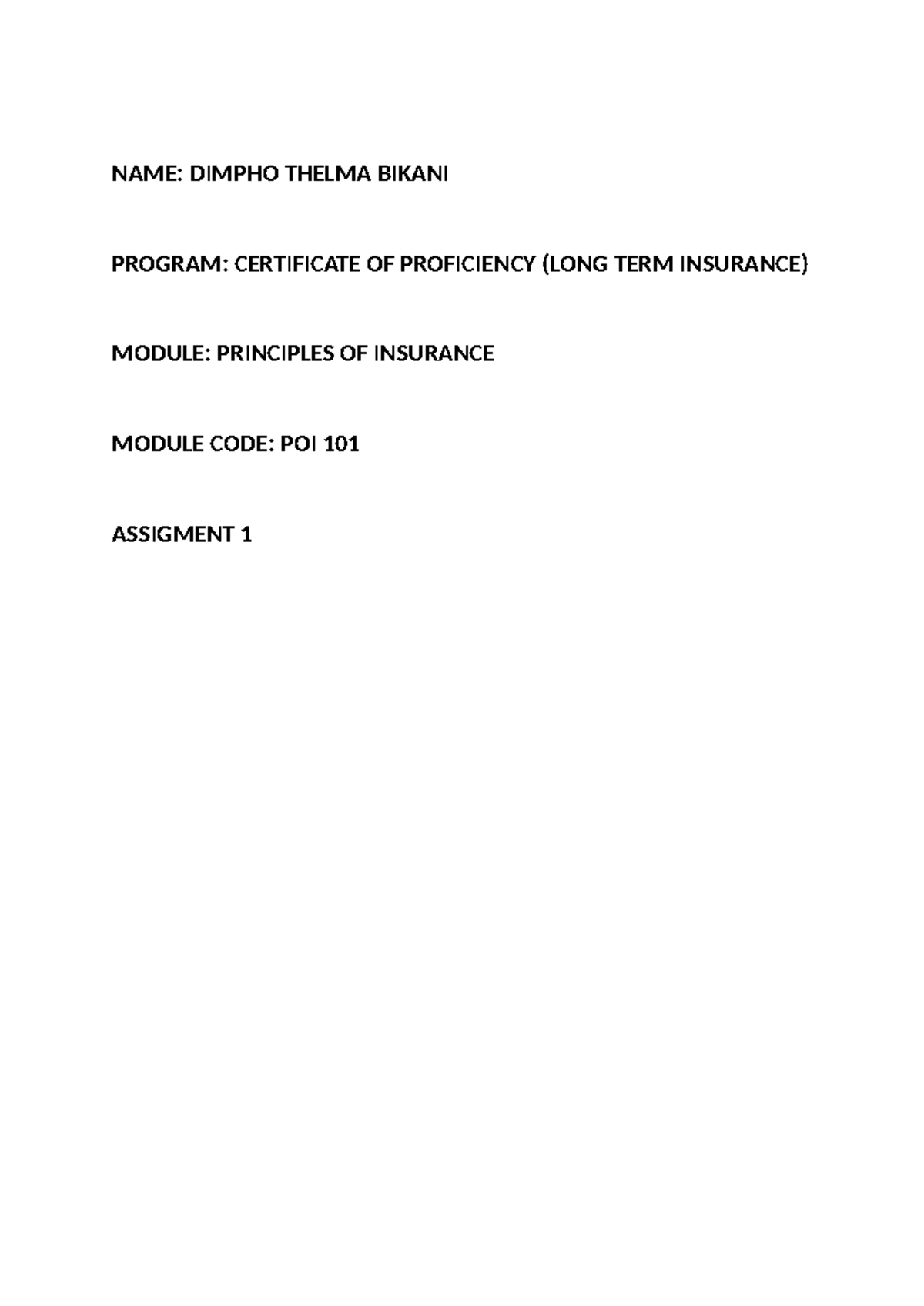 COP - Assignment 1: Overview of Insurance Types and Roles - Studocu