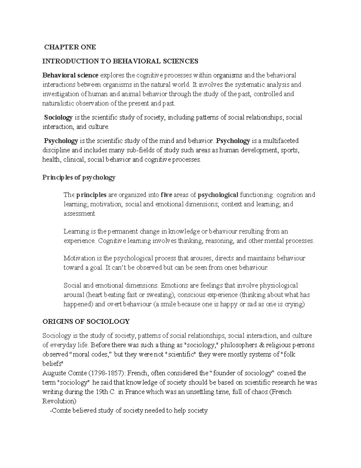 CHAPTER ONE: INTRODUCTION TO BEHAVIORAL SCIENCES - KEY CONCEPTS AND ...