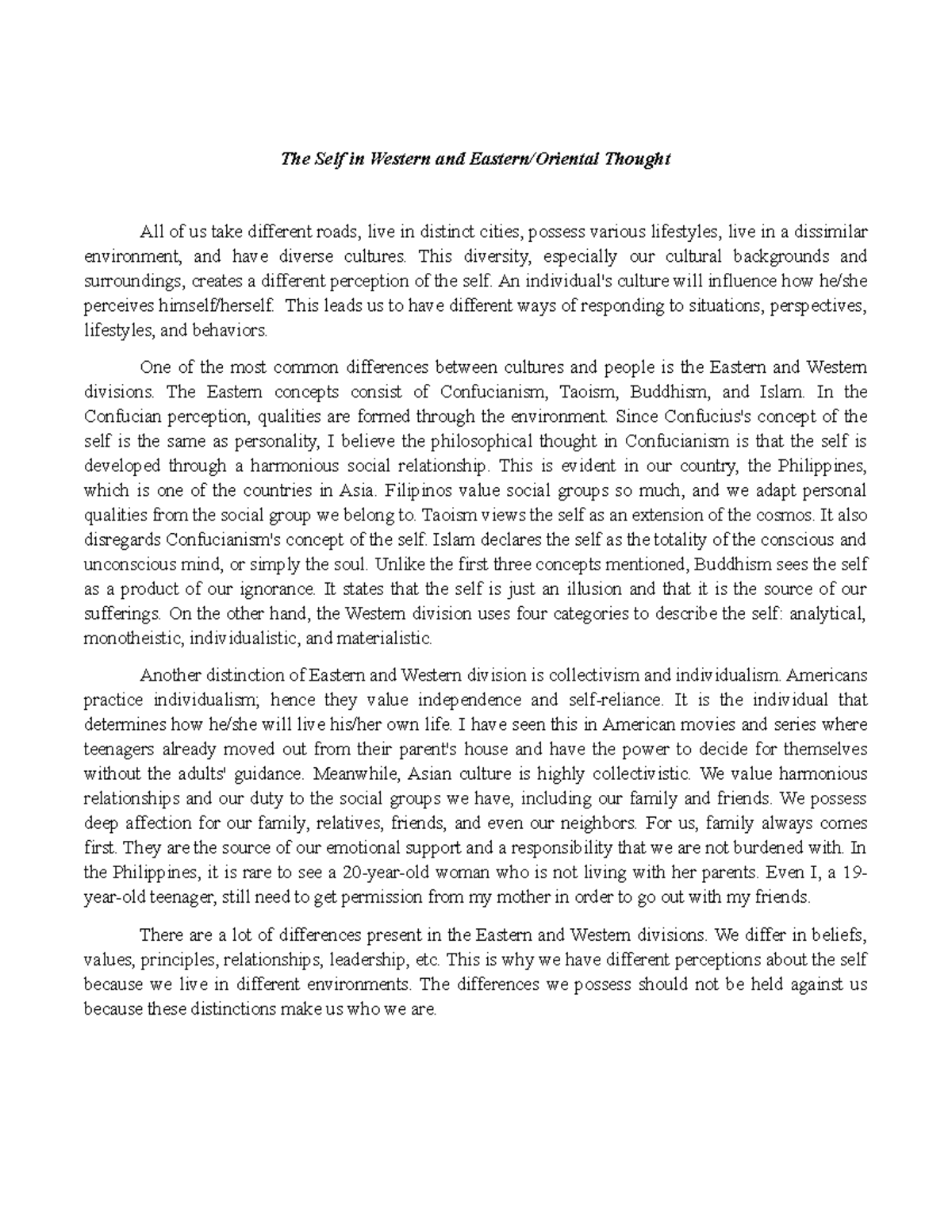Lesson 4 Reflection: The Self in Western vs. Eastern Thought - Studocu