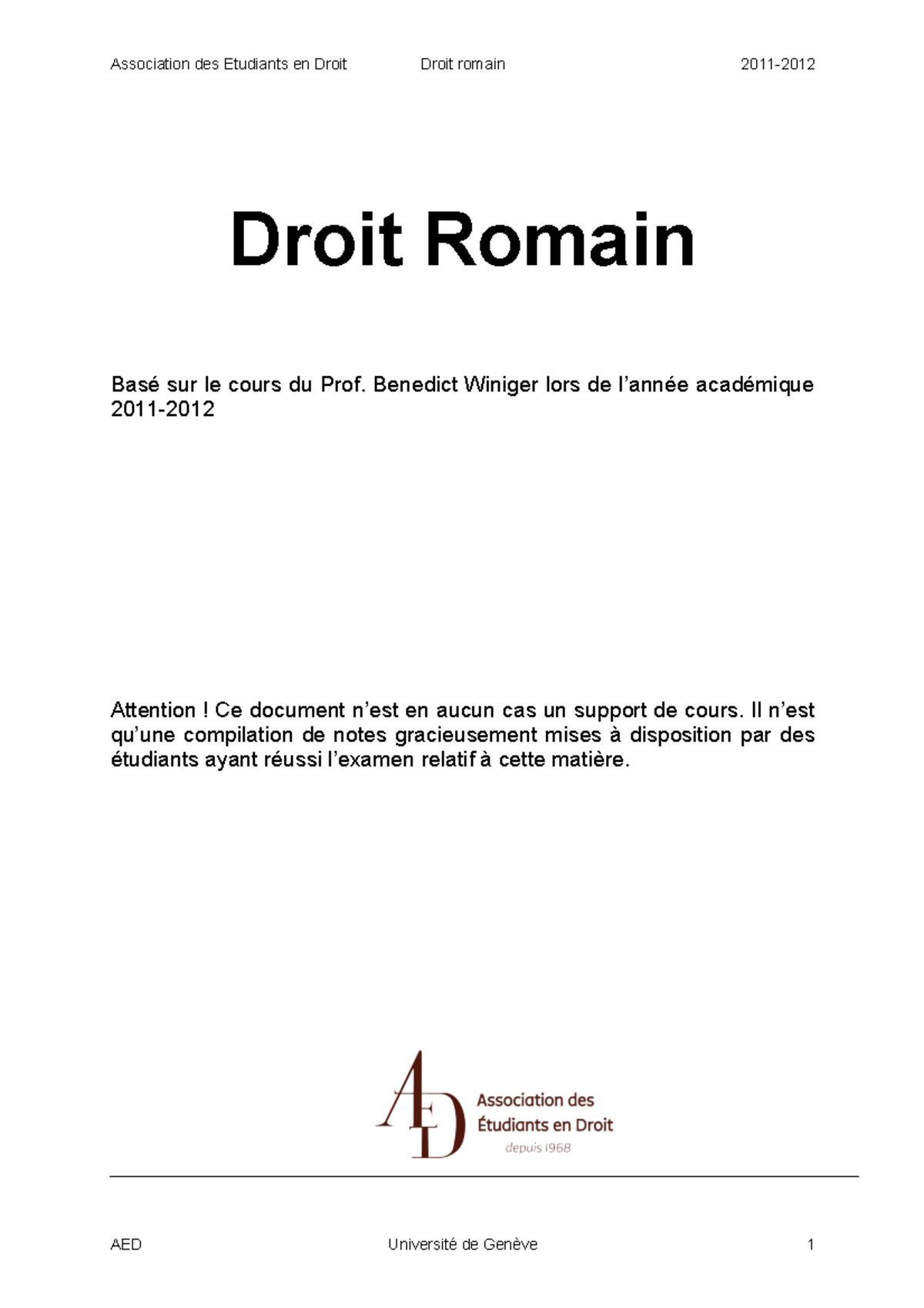 Polycop-AED- Livre 1 - Droit Romain Basé sur le cours du Prof. Benedict ...
