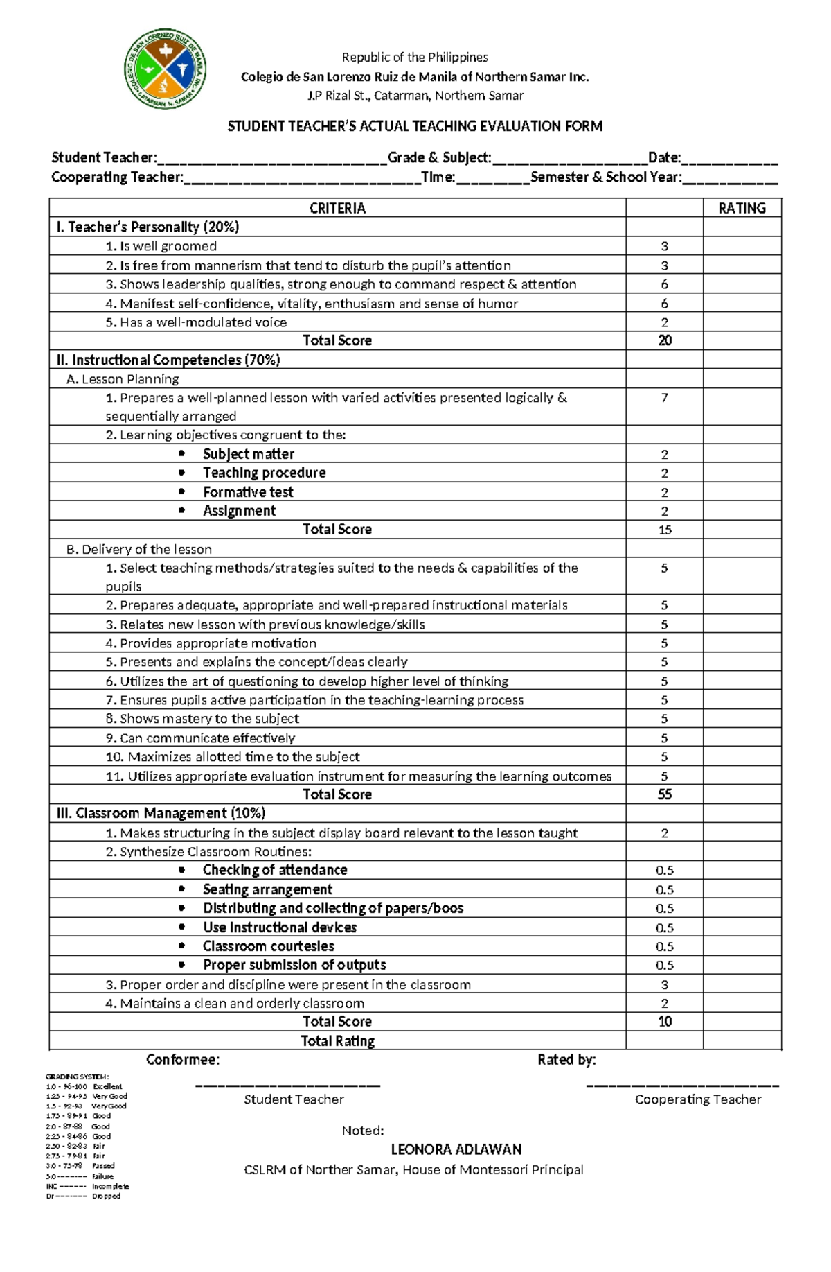 Actual Teaching Grading Sheet for Student Teachers Evaluation - Studocu