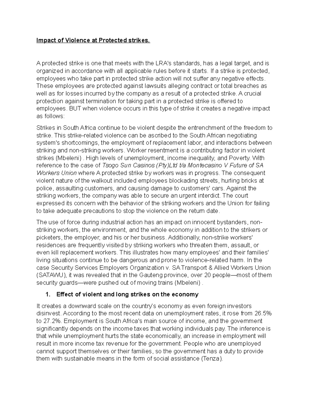 LWLCA Assignment - Essay on Violence in Protected Strikes - Studocu