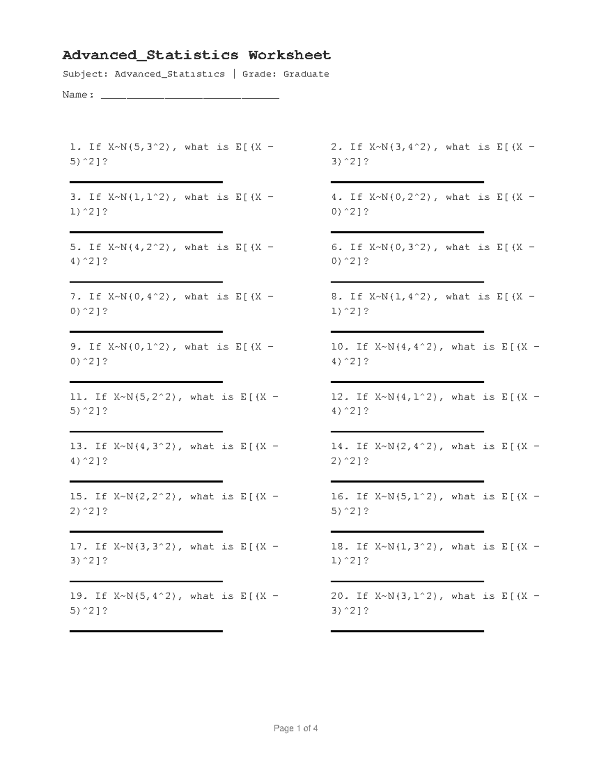 Advanced_Statistics Graduate Worksheet: Practice Problems & Answers ...