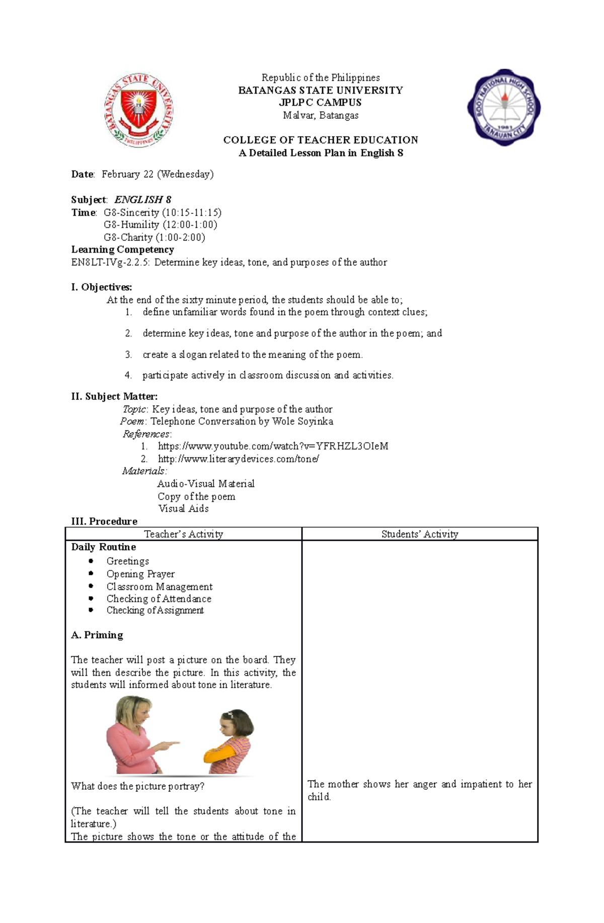 Detailed Lesson Plan: Understanding "Telephone Conversation" by Wole ...