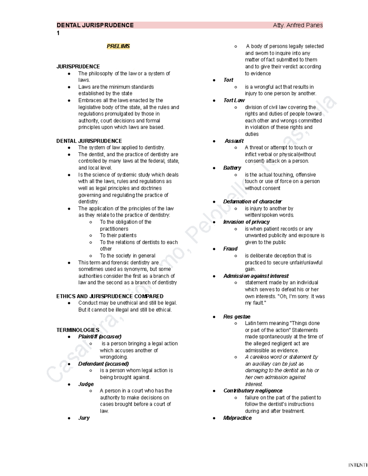 DENTAL JURISPRUDENCE 1: PRELIMINARY EXAM NOTES - Studocu