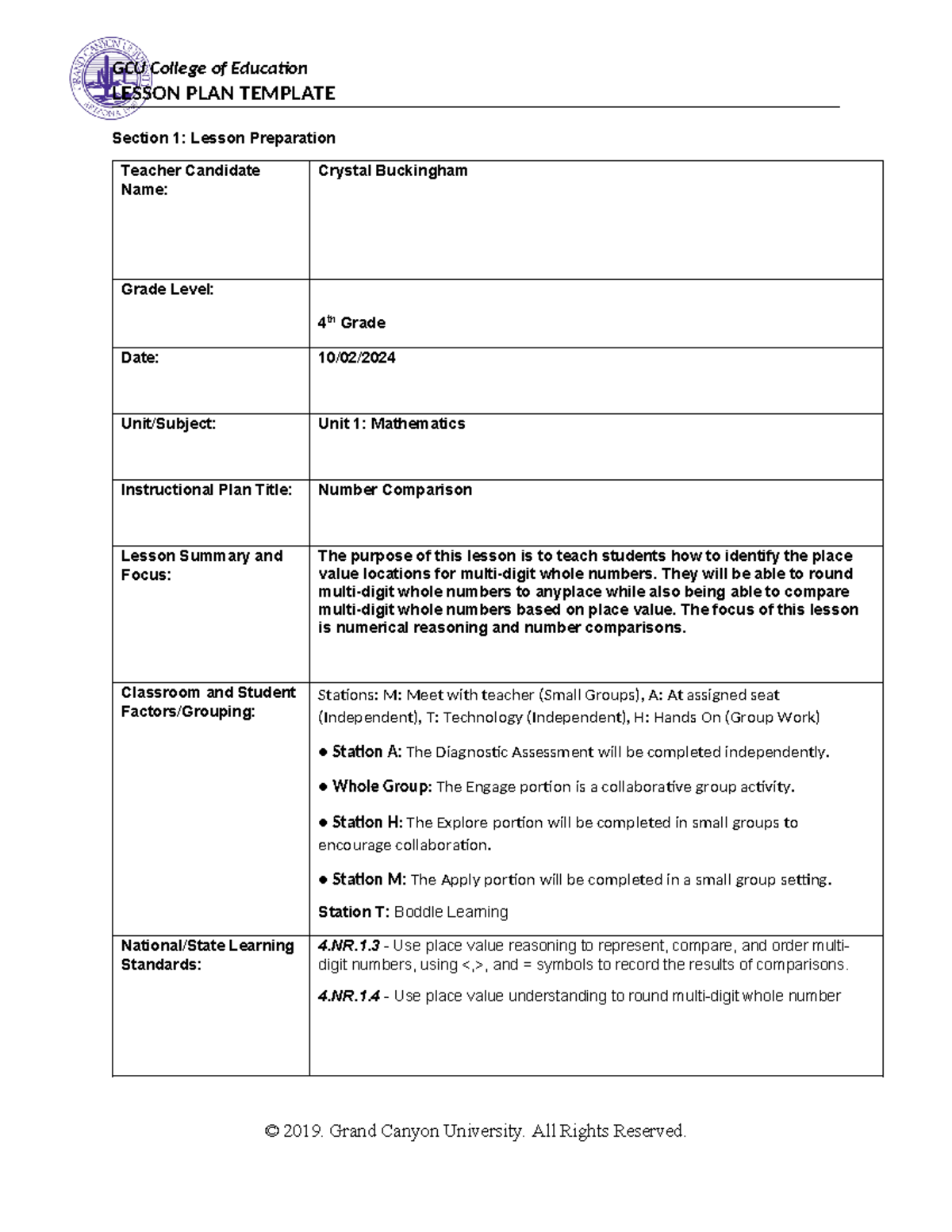 Comprehensive 4th Grade Math Lesson Plan: Number Comparison 4.NR.1 ...