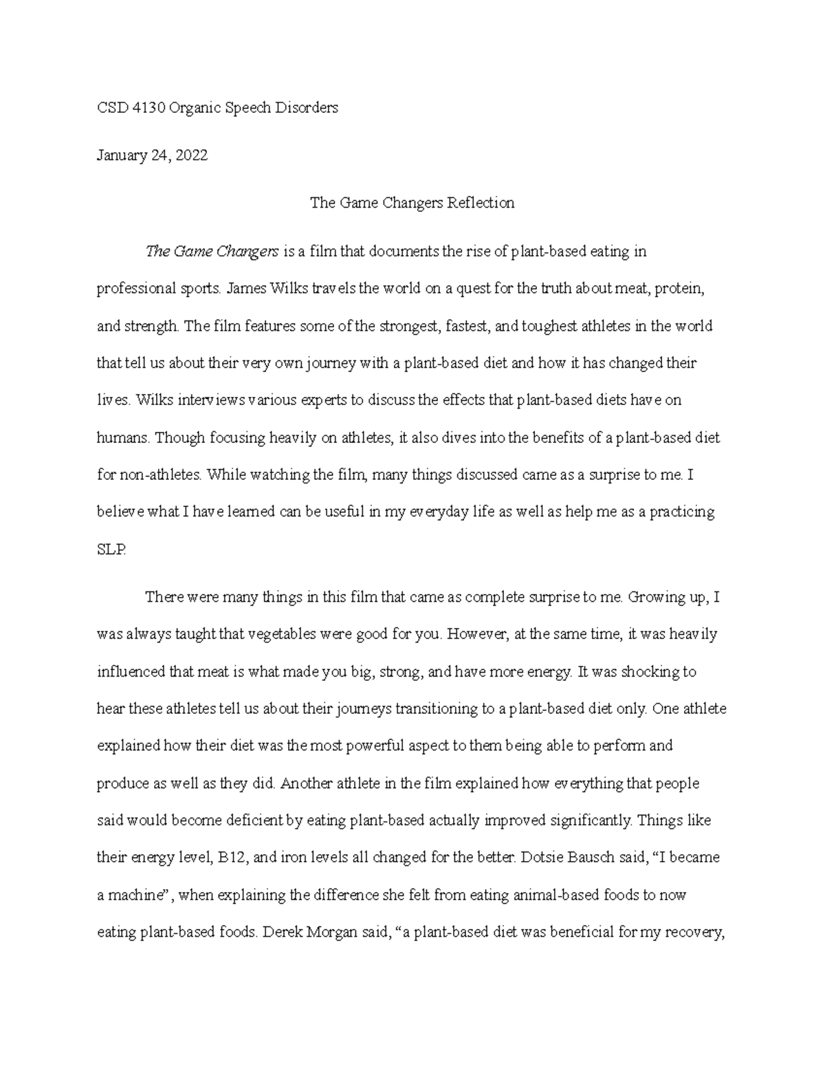 CSD 4130 Reflection on _The Game Changers_: Insights on Plant-Based ...