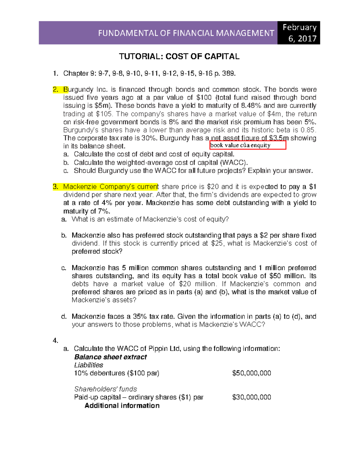 6. Tutorial COST OF Capital - FUNDAMENTAL OF FINANCIAL MANAGEMENT ...