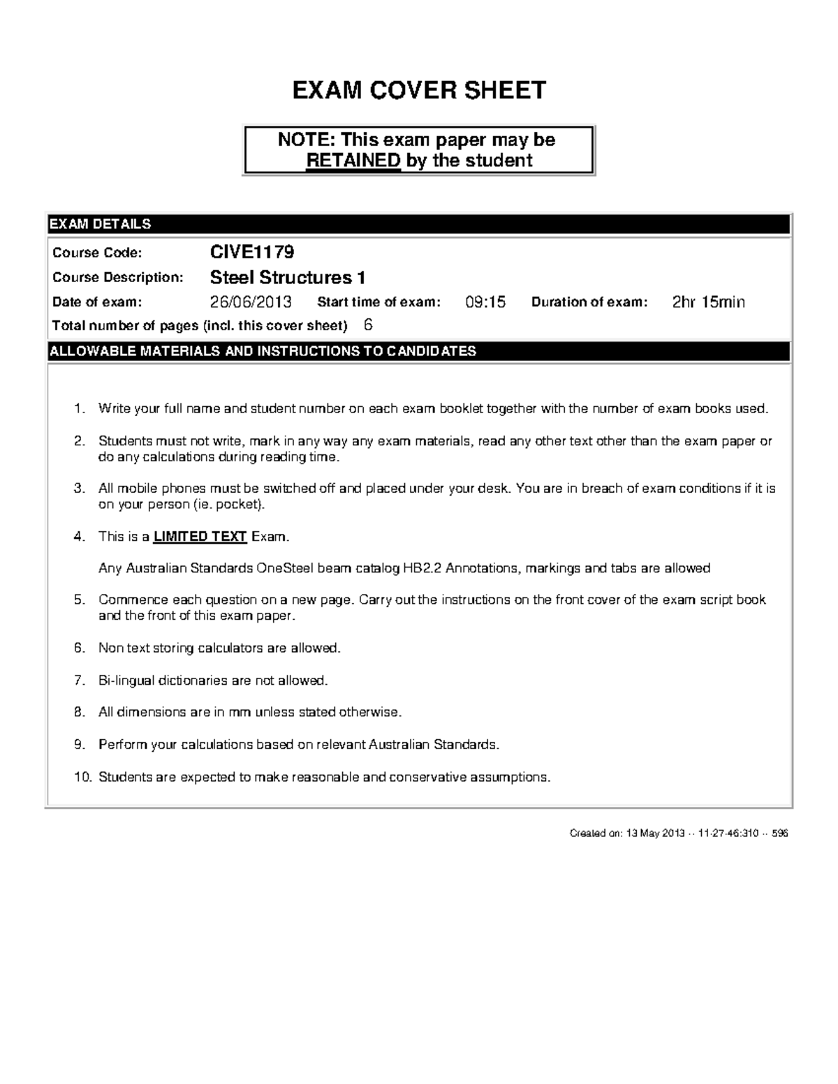 Final exam 2013, questions - EXAM COVER SHEET NOTE: This exam paper may ...