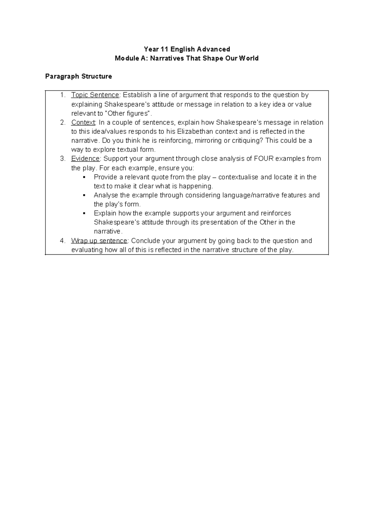 Year 11 English Adv Module A: Narrative Structure Paragraph Scaffold ...
