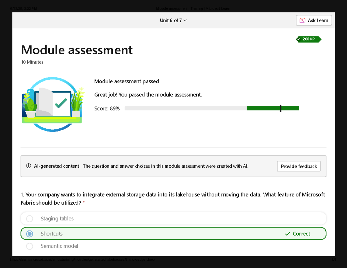 Module Assessment - Training: Microsoft Learn Unit 6 of 7 - Studocu