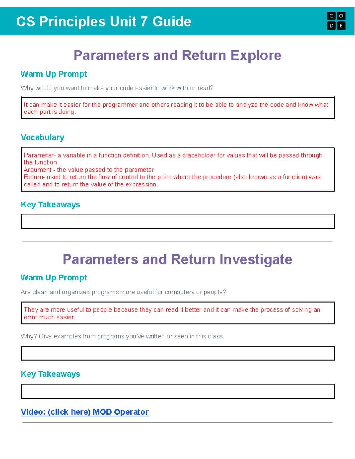 OS- CSP Unit 7 Guide - lala - Parameters and Return Explore Warm Up Prompt Why would you want to ...