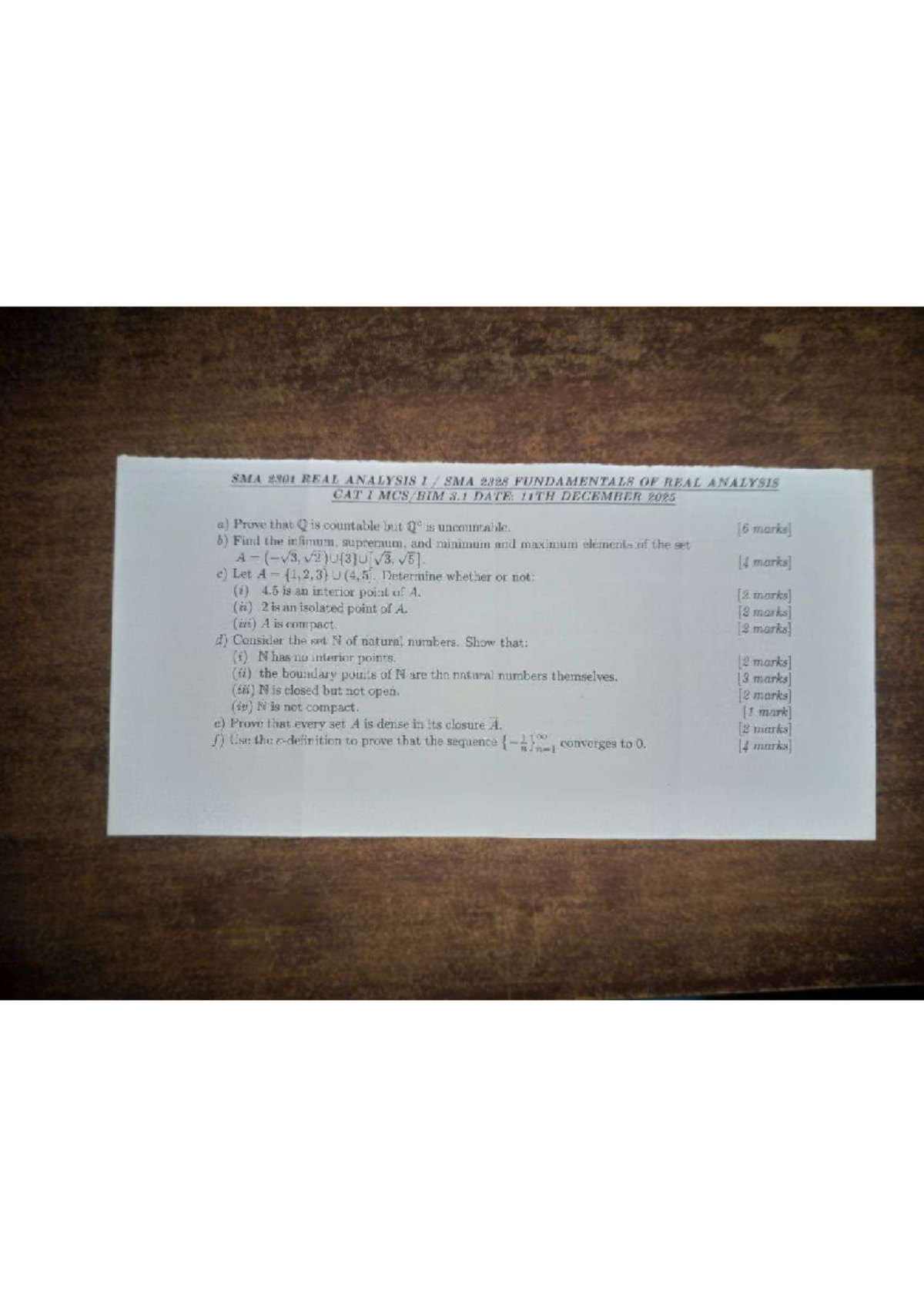 SMA 2301 Real Analysis I: CAT I Exam Notes and Problems - Studocu