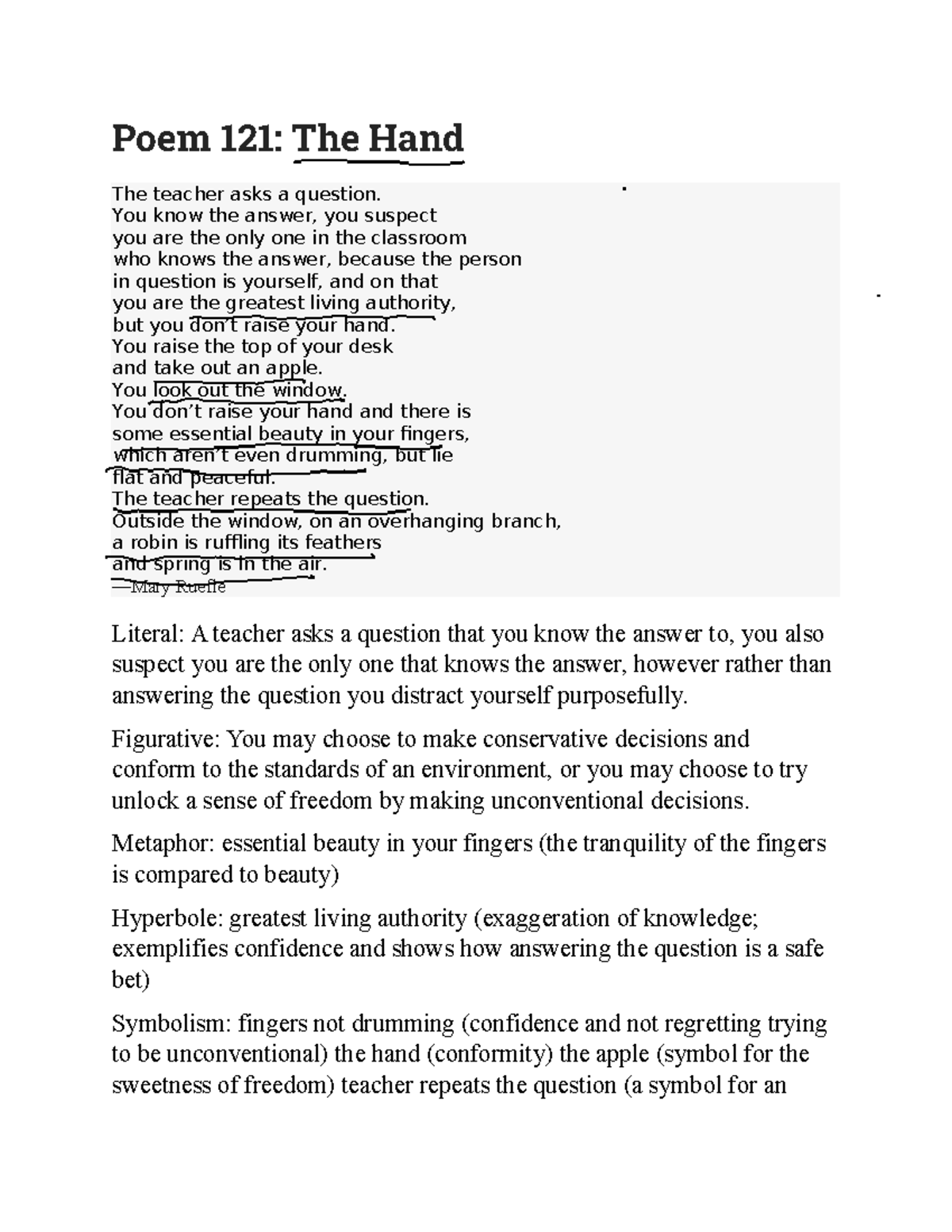 Poem Analyzation - work - Poem 121: The Hand The teacher asks a ...