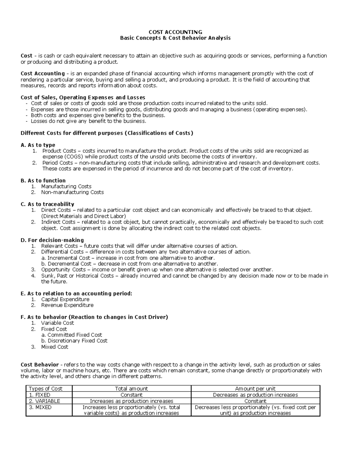 Module 1 - Basic Concepts Module 1 - Basic Concepts - COST ACCOUNTING Basic Concepts & Cost ...