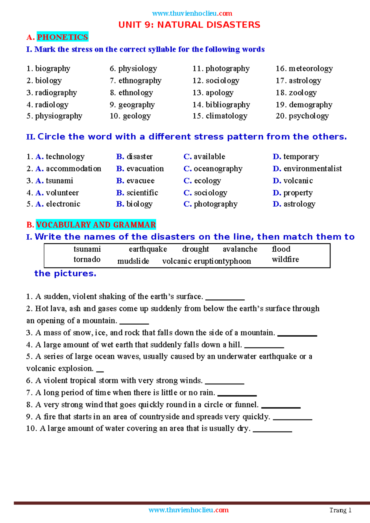 Natural Disasters: Vocabulary & Grammar Exercises (Unit 9) - Studocu