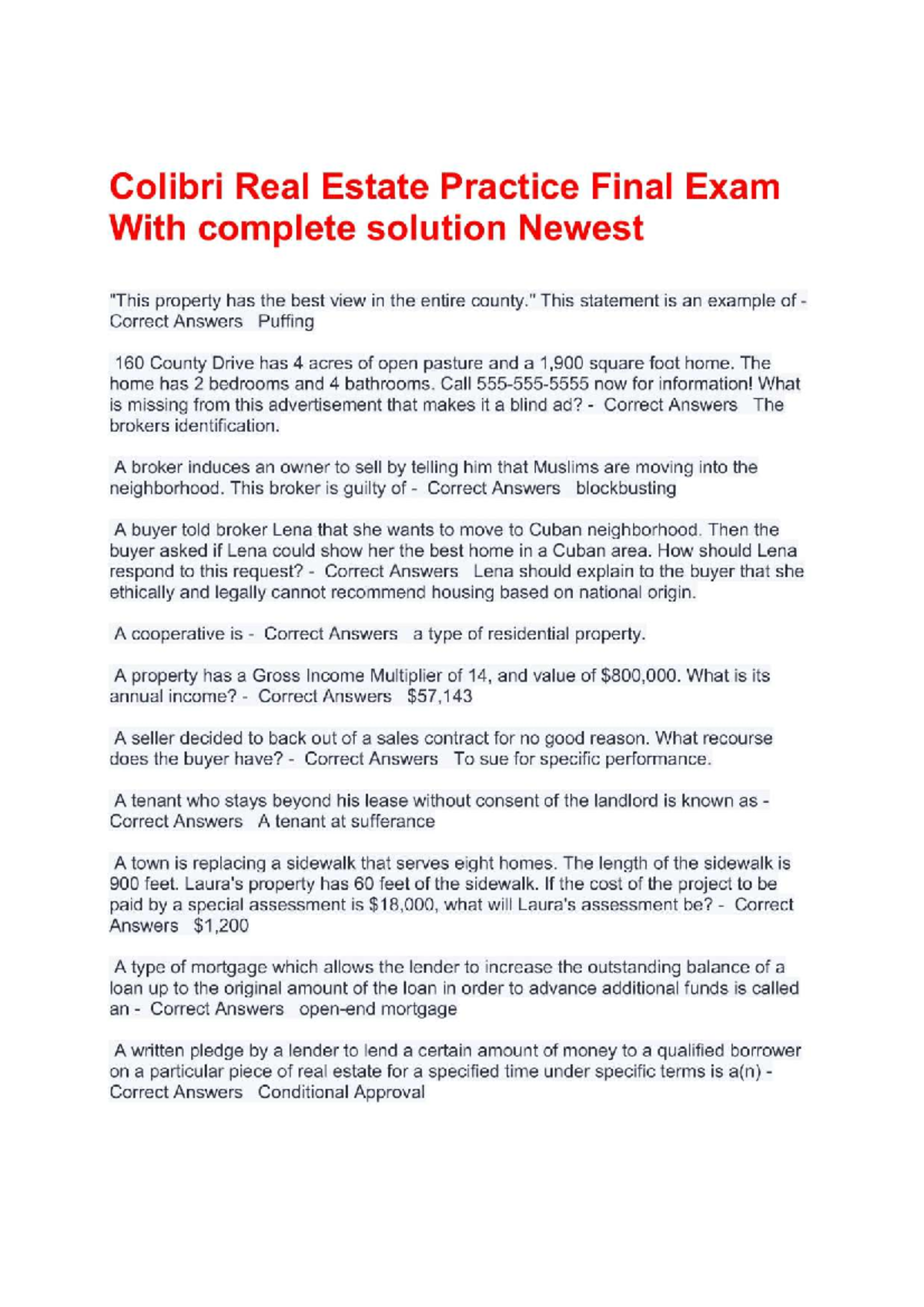 Colibri RE Practice Final Exam Solutions - Comprehensive Guide - Studocu