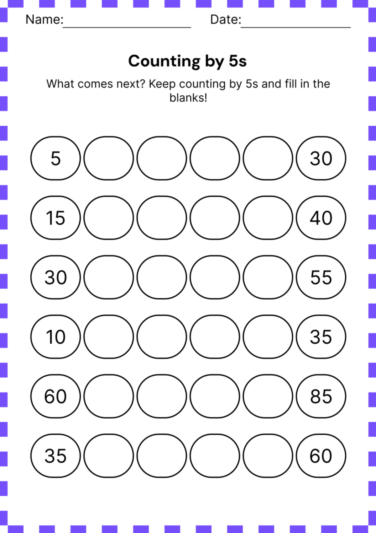 Counting by 5s (Non-Consecutive) Worksheet – Version 2 - Name: Date ...