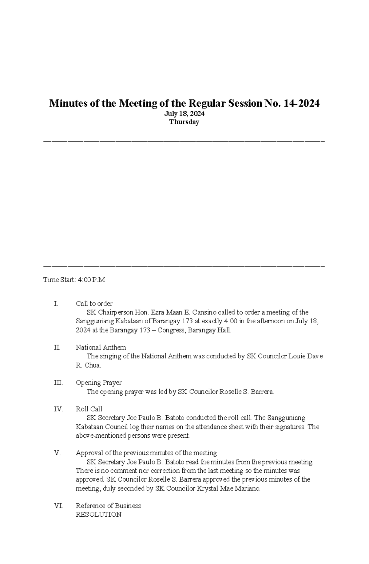 SK Minutes of Meeting - Regular Session No. 14 - July 18, 2024 - Studocu