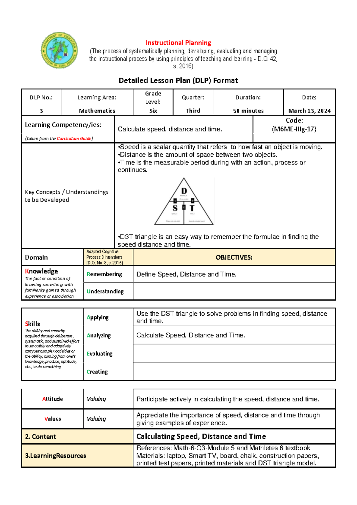 Math-DLP: Calculating Speed, Distance, and Time in Grade 6 - Studocu