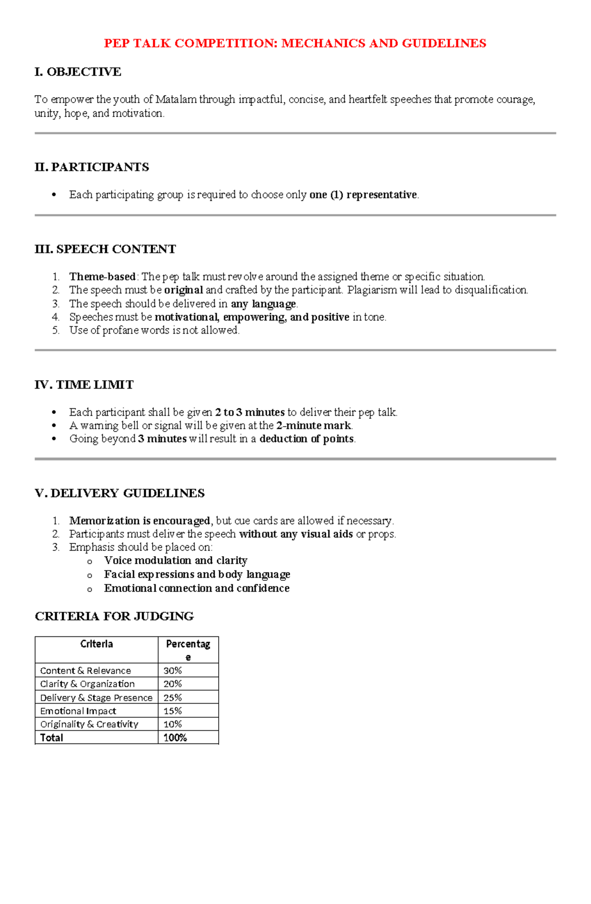 PEP TALK COMPETITION: MECHANICS & JUDGING CRITERIA - Studocu