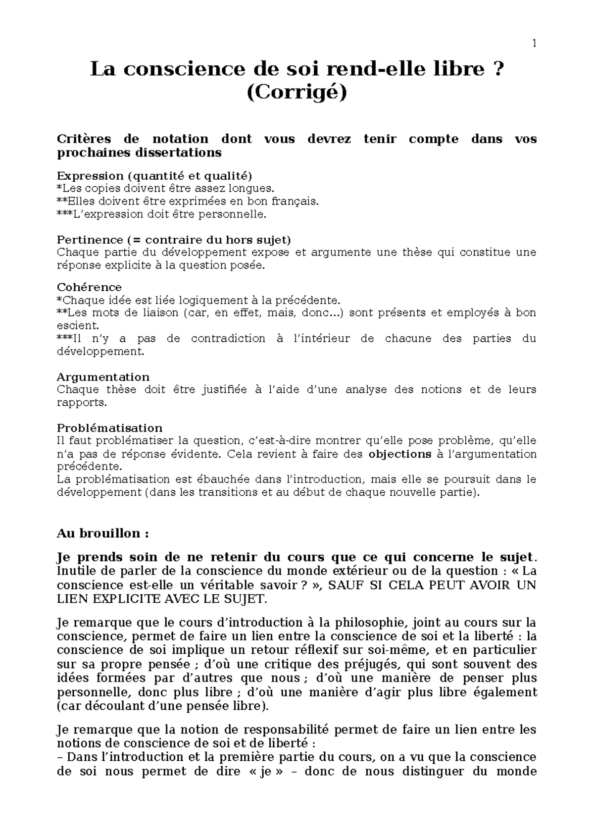 Dissertation corrigée sur la conscience de soi et la liberté - T6 - Studocu