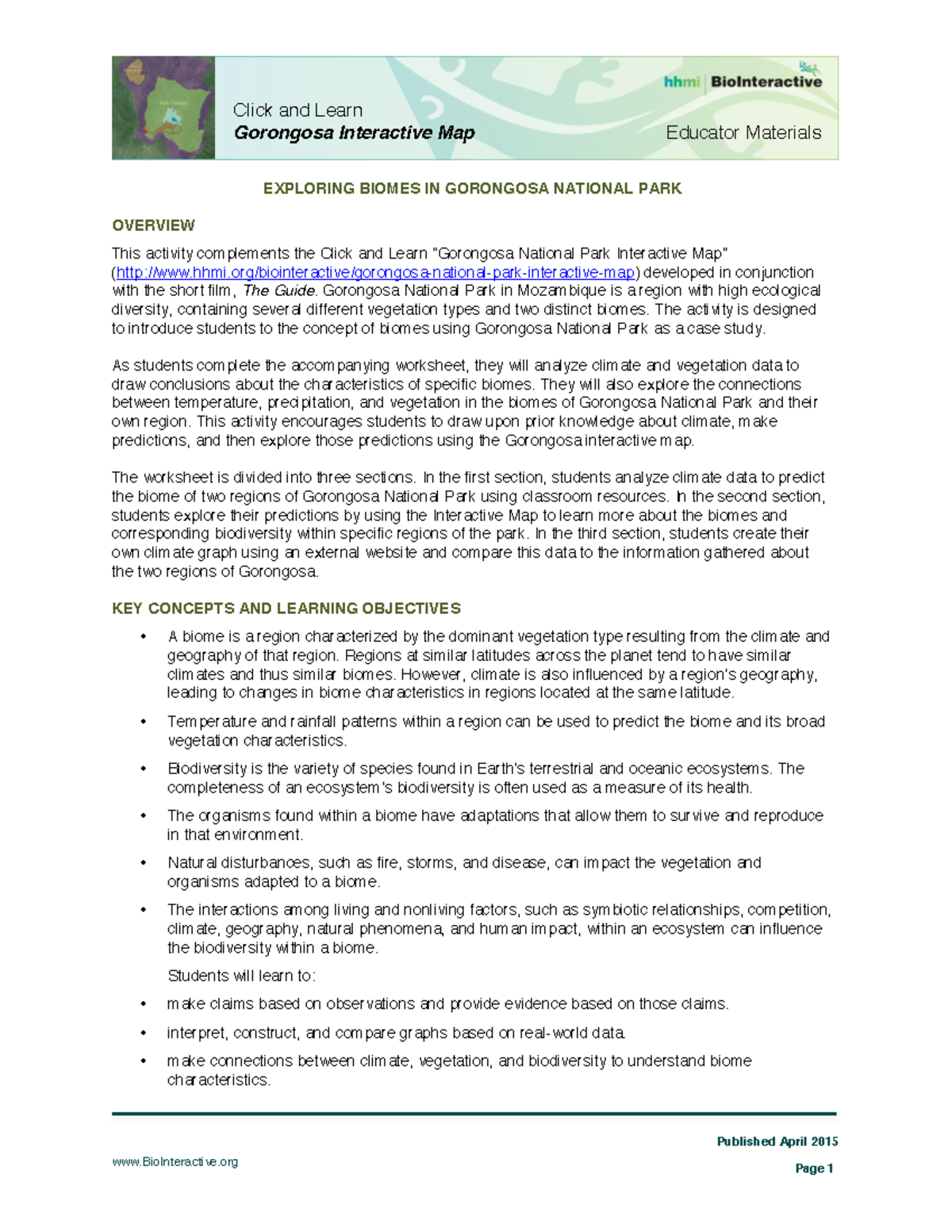 Gorongosa Biome Exploration Activity - Educator Guide (ECO 101) - Studocu