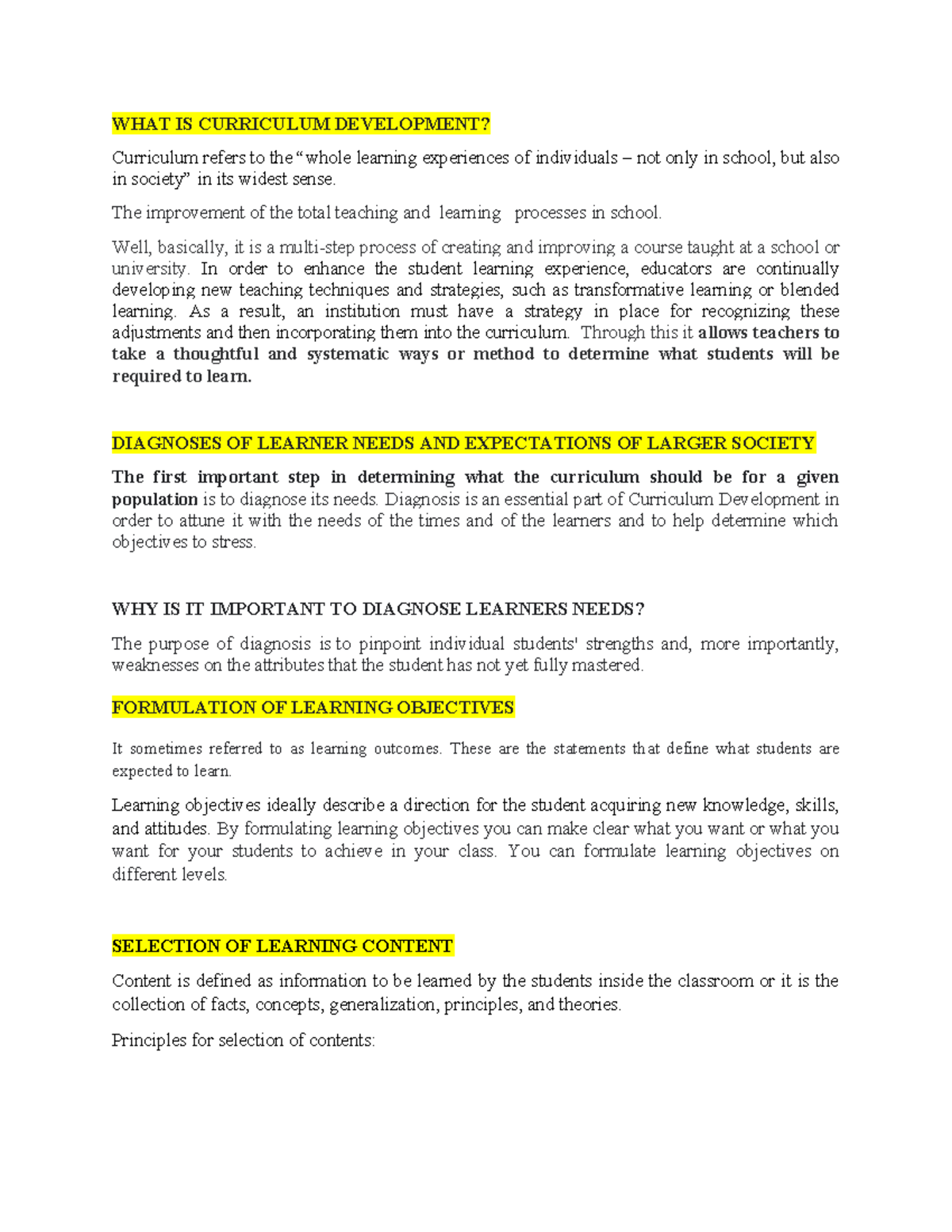 Curriculum Development: Understanding Needs & Learning Objectives - Studocu