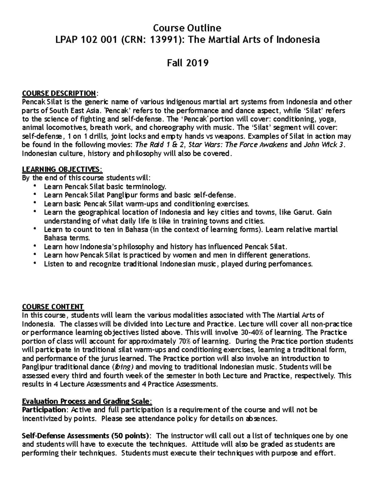 Course Outline LPAP 102 001: The Martial Arts of Indonesia Fall 2019 ...