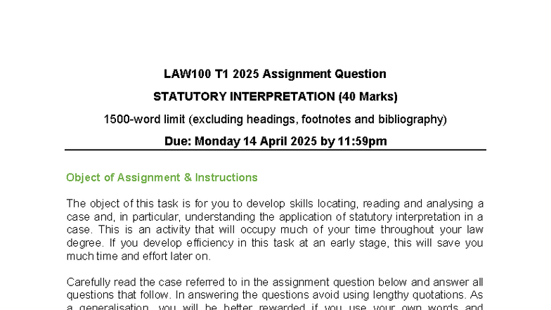 LAW100 T1 2025 Statutory Interpretation Assignment (40 Marks) - Studocu