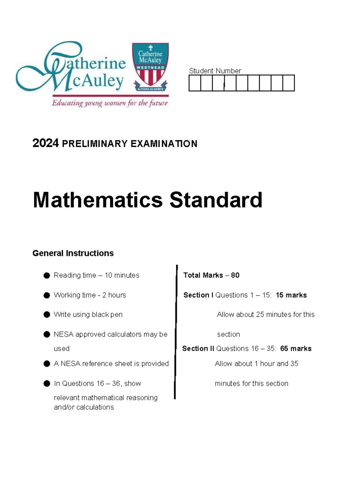 2024 Mathematics Standard Preliminary Exam Paper: General Instructions - Studocu