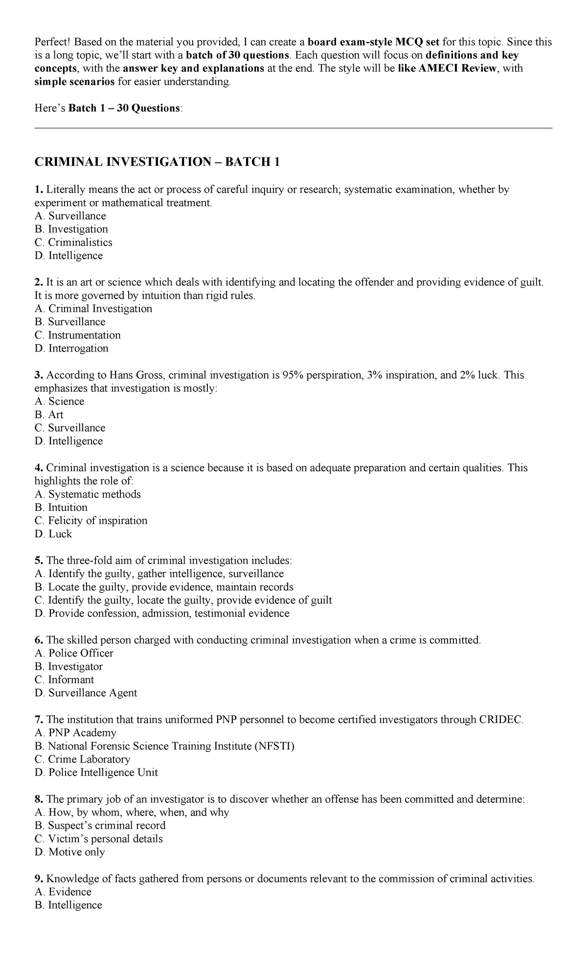 CDI 1 Flashcard: Criminal Investigation MCQ Set - Batch 1 & 2 - Studocu