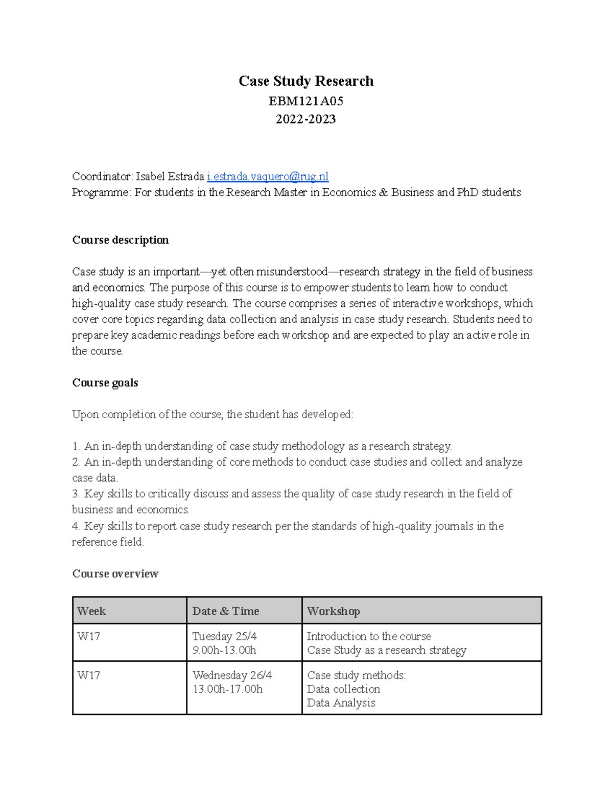 Case Study Research Syllabus EBM121A 2022-23 - Studeersnel