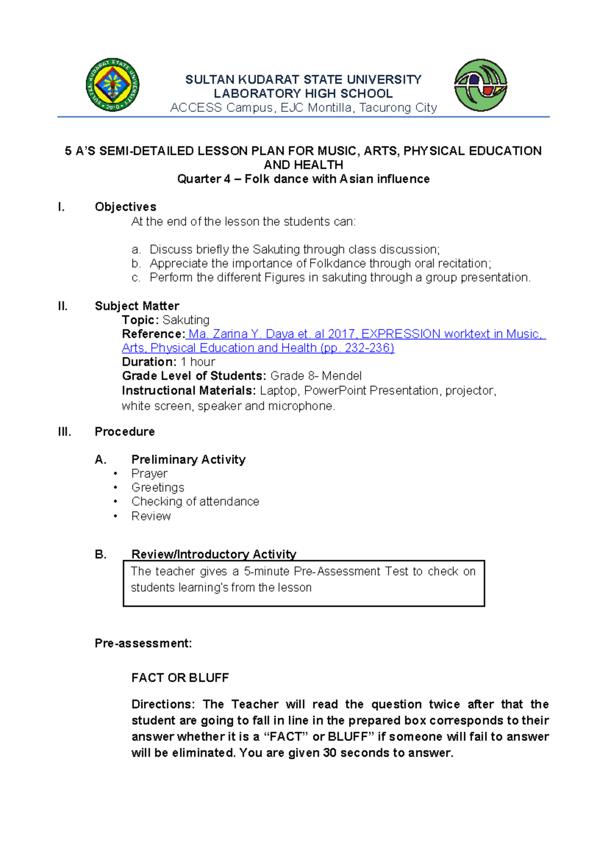 LP Music and Arts Lesson Plan: Sakuting Dance (Quarter 4) - Studocu