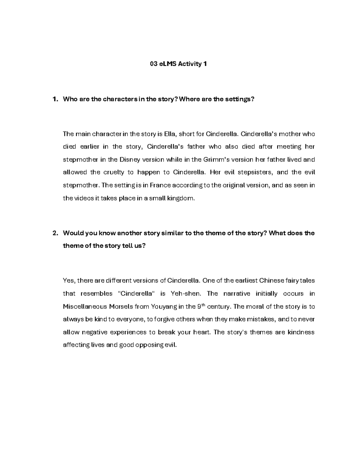 Cinderella Analysis: Characters and Themes - 03 eLMS Activity - Studocu