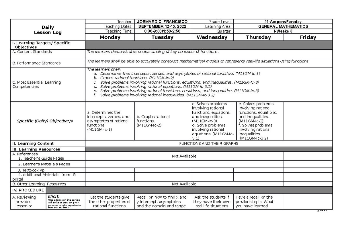 DLL- General Mathematics Q1 Week 3 Lesson Plan: Functions & Graphs - Studocu