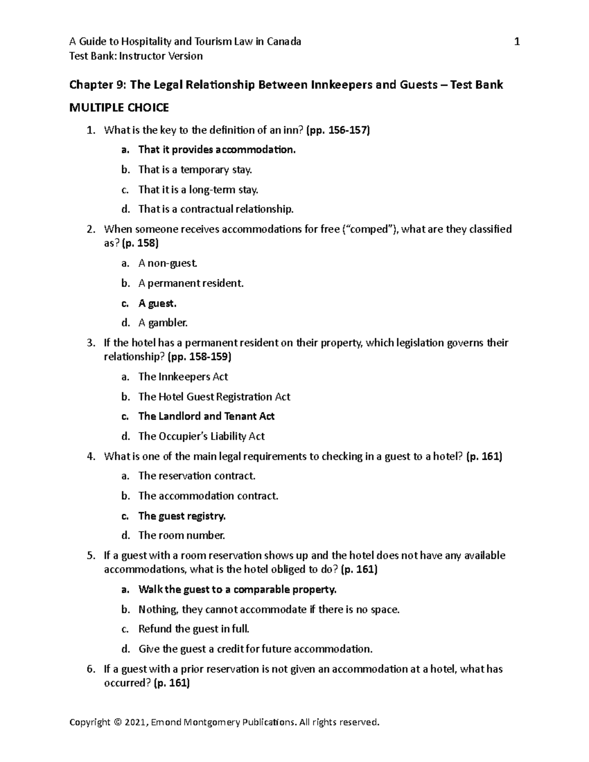 Hospitality-09-i - Chapter 9: Legal Relationship Quiz & Answers - Studocu